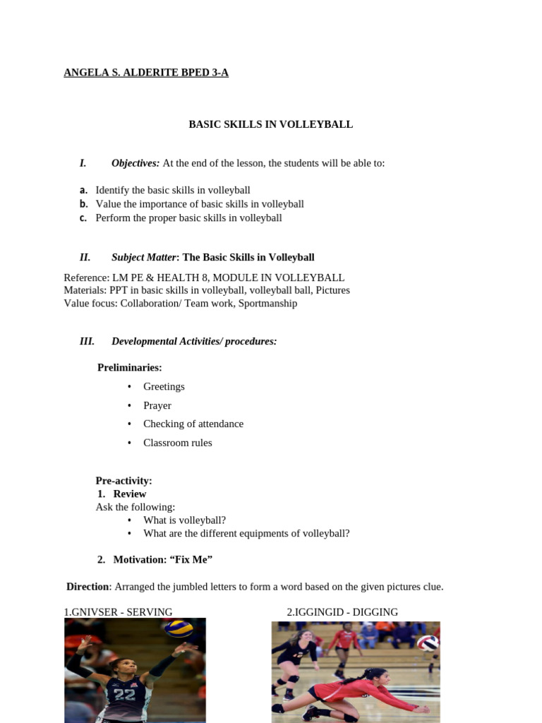 Angela Alderite Lesson Plan | PDF | Volleyball | Games Of Physical Skill