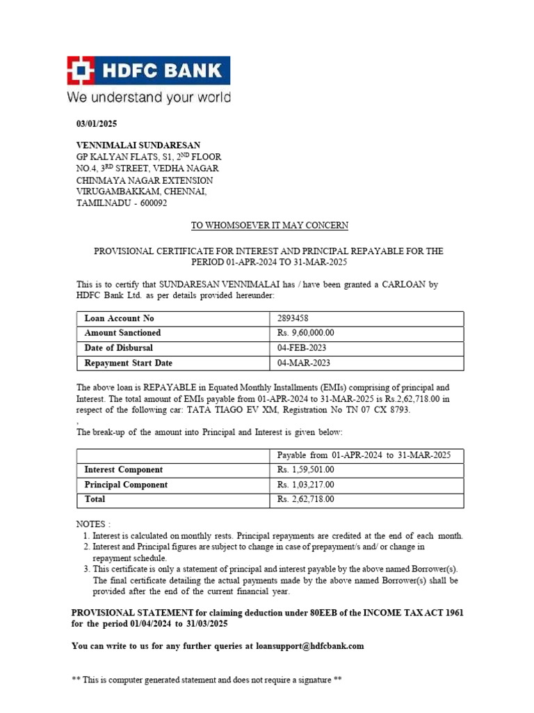 EV Loan Interest Certificate 2024-2025 | PDF