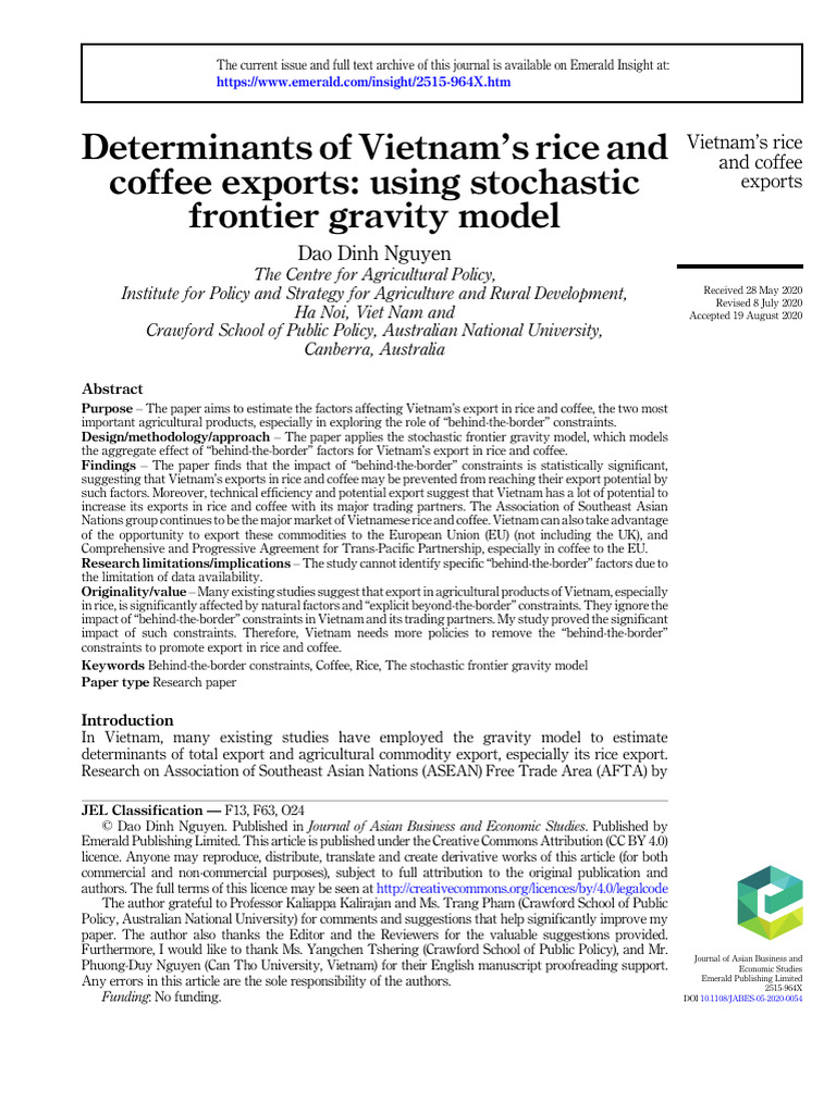 Determinants of Vietnam's Rice and Coffee Exports - Using Stochastic Frontier Gravity Model ...