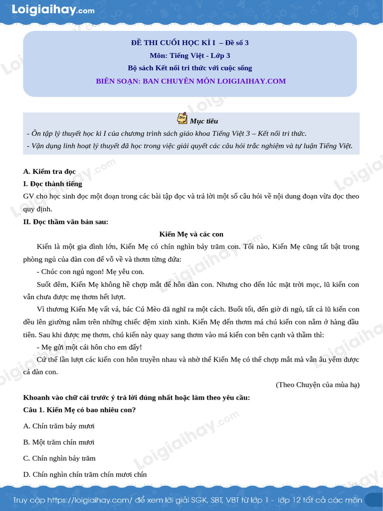 De Thi Cuoi Hoc Ki 1 Tieng Viet 3 de So 3 1734944208 | PDF