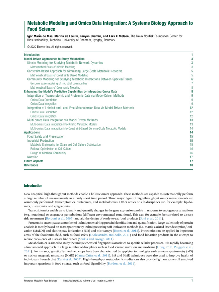 Metabolic Modeling and Omics Data Integration- A Systems Biology Approach to Food Science | PDF ...