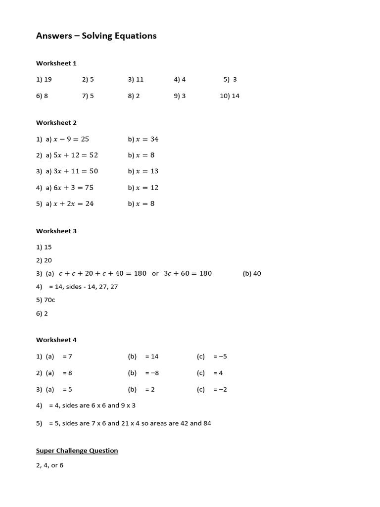 Solving Equations 2 Answer Sheet | PDF