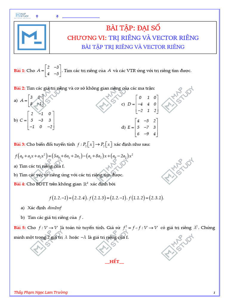 0602 - Bài tập - Trị riêng và vector riêng | PDF