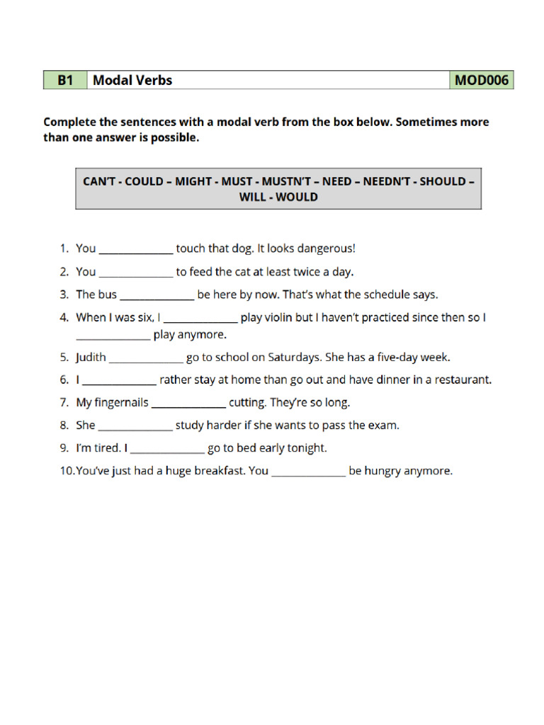 Modal Verbs Homework | PDF