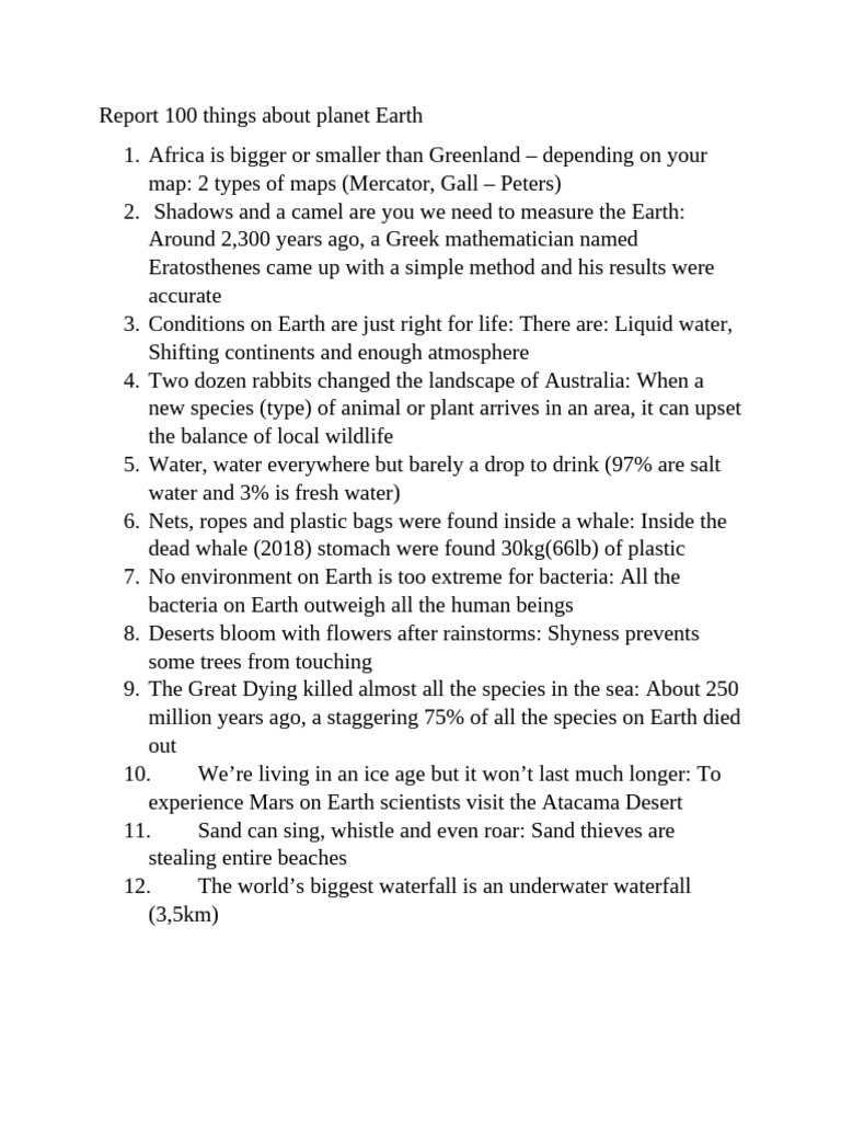 Report 100 Things About Planet Earth | PDF | Oceans | Earth Sciences