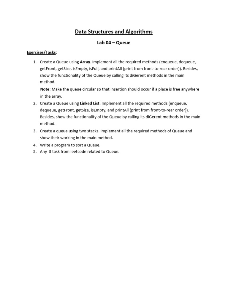 Queue Implementation and Exercises | PDF