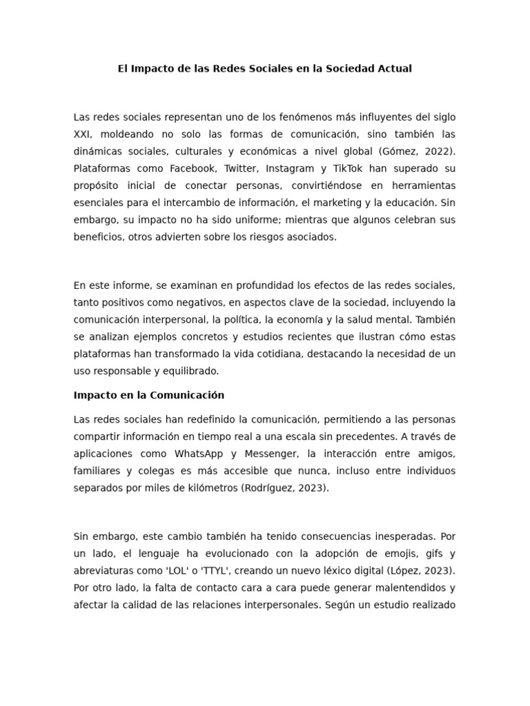 El Impacto de Las Redes Sociales en La Sociedad Actual | PDF | Servicio ...
