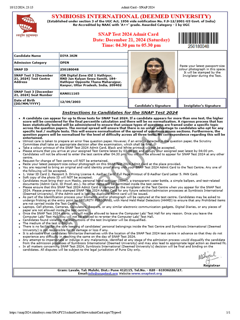 Admit Card - SNAP 2024 | PDF | Identity Document | Government And ...