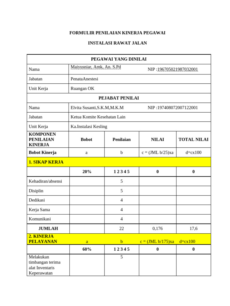 FORMULIR PENILAIAN KINERJA PEGAWAI Andika 1 | PDF