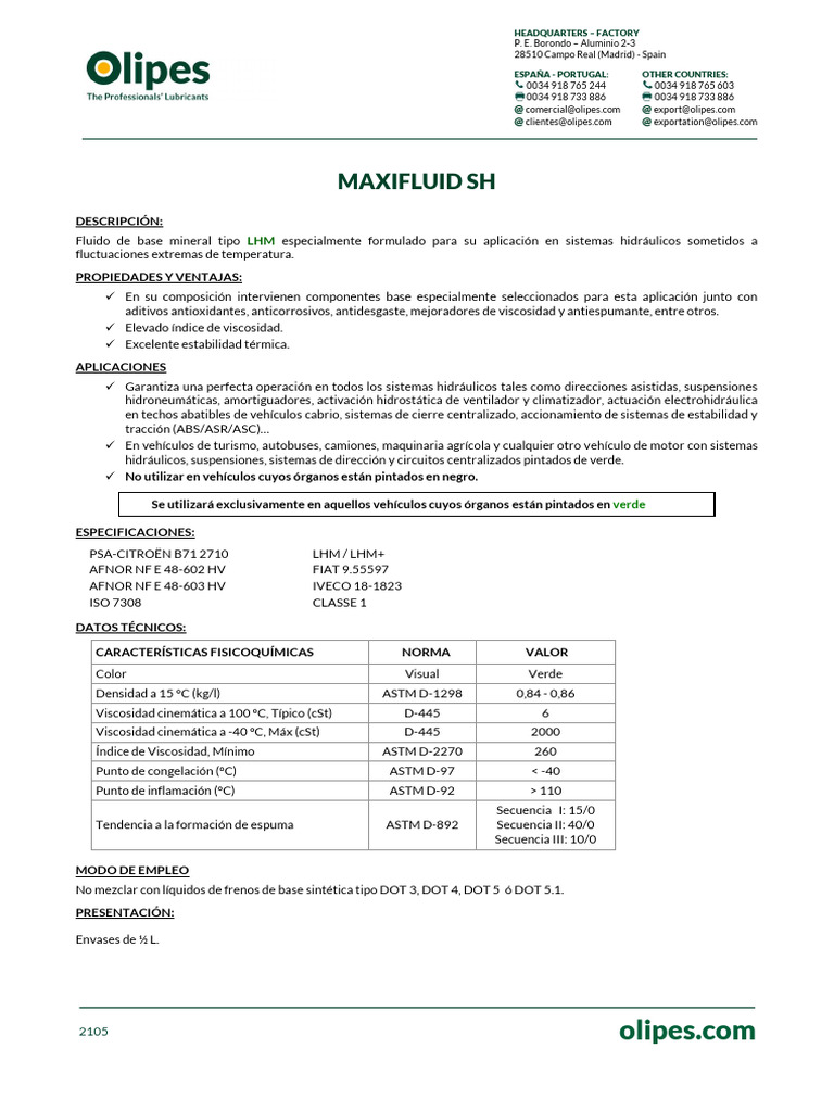 Fluido Hidraulico Olipes Ficha técnica FT_MAXIFLUID_SH_ES | PDF ...