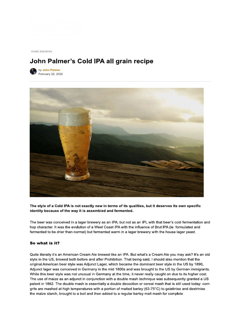 John Palmer - S Cold IPA All Grain Recipe - Beer & Brewer | PDF