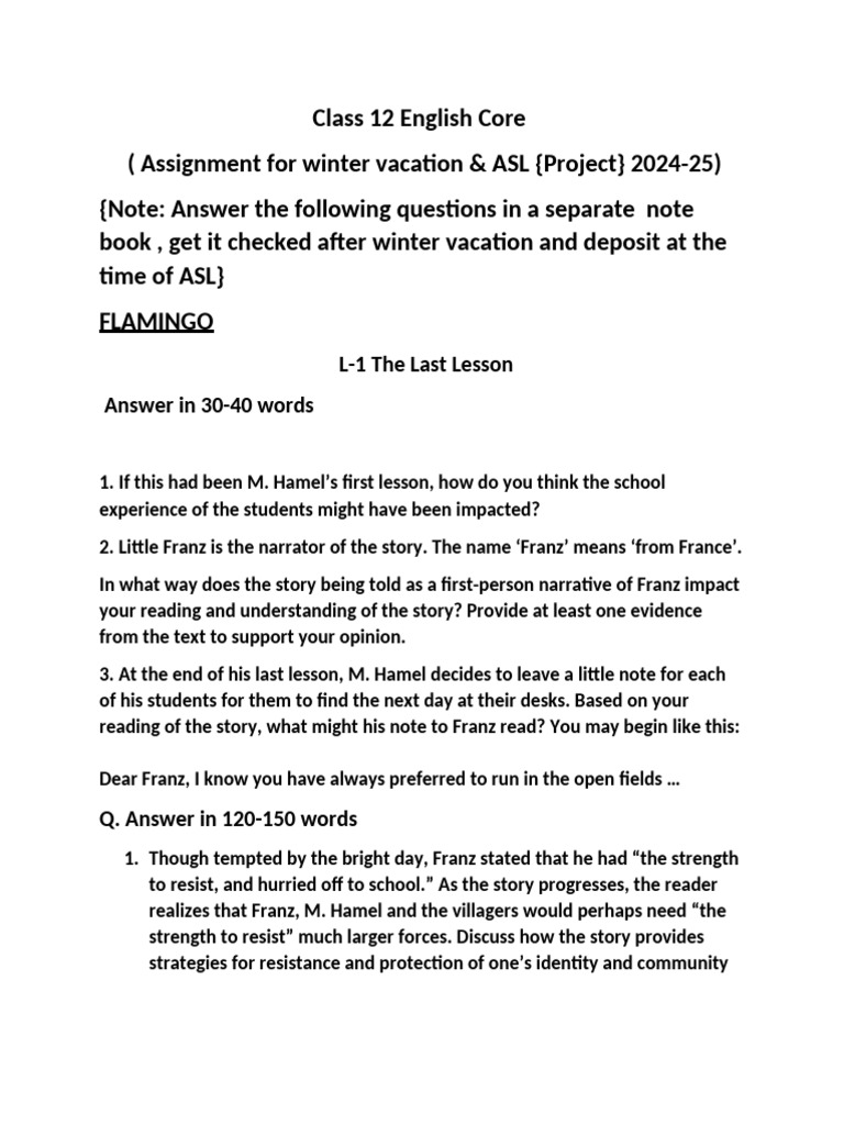 Class 12 English Winter Assignments | PDF