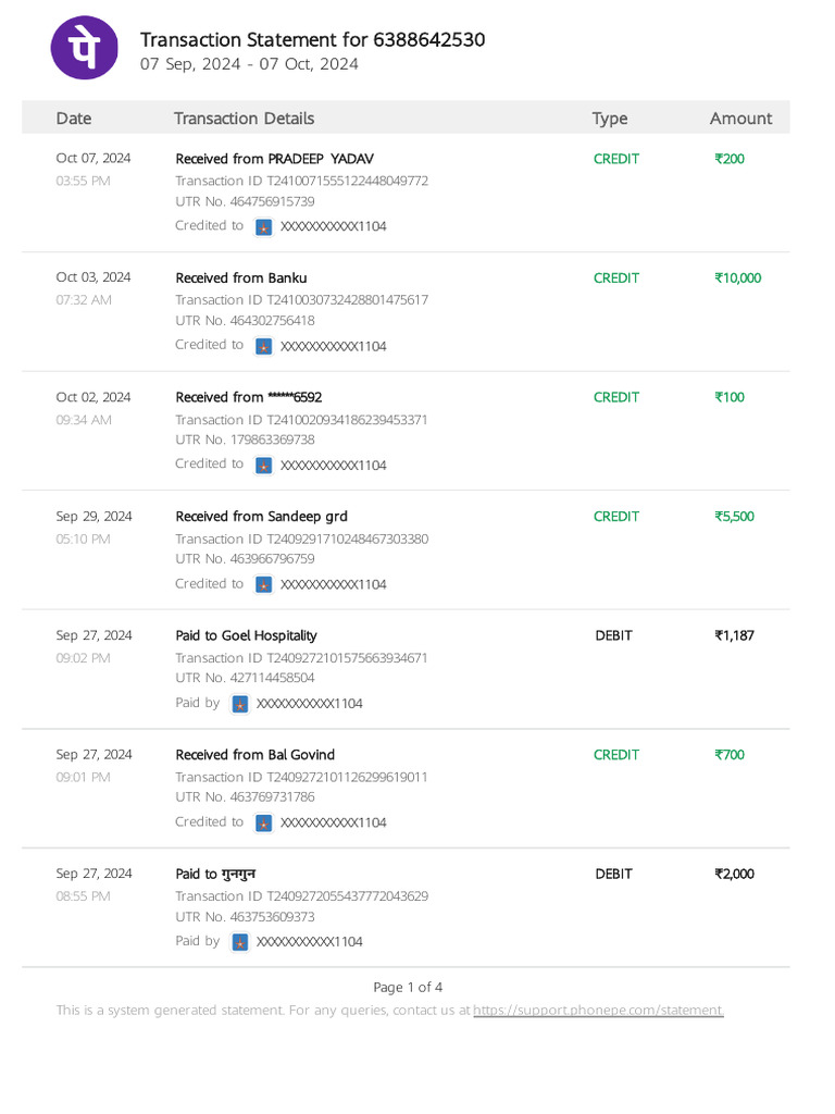 PhonePe Statement Sep2024 Oct2024 | PDF | Debit Card | Banking