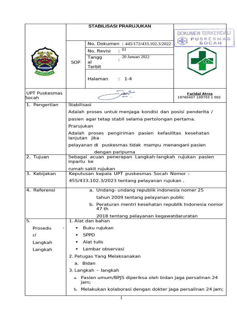 Sop Stabilisasi Prarujukan | PDF