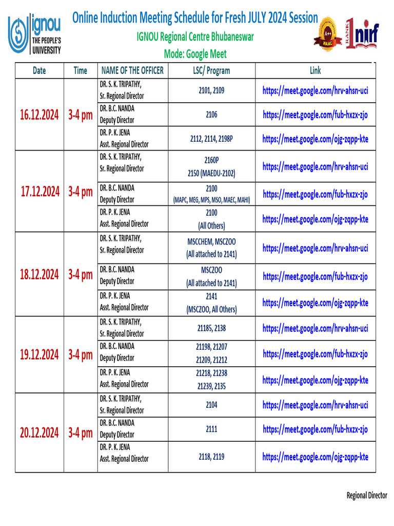 Induction Meeting Link and Time Table | PDF