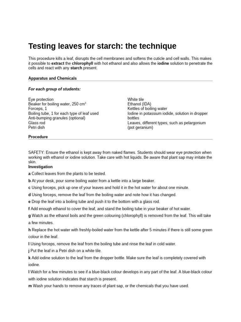 Student Practical Worksheet - Tetsing For Starch | PDF