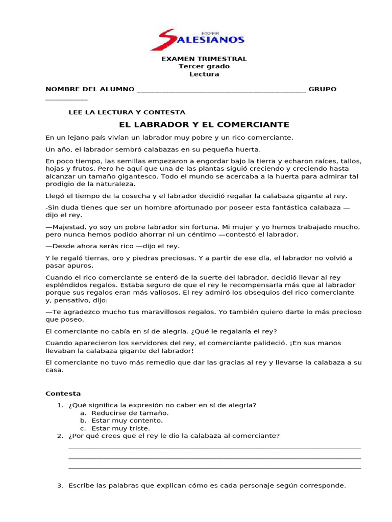 Examen de Lectura: El Labrador y el Comerciante | PDF