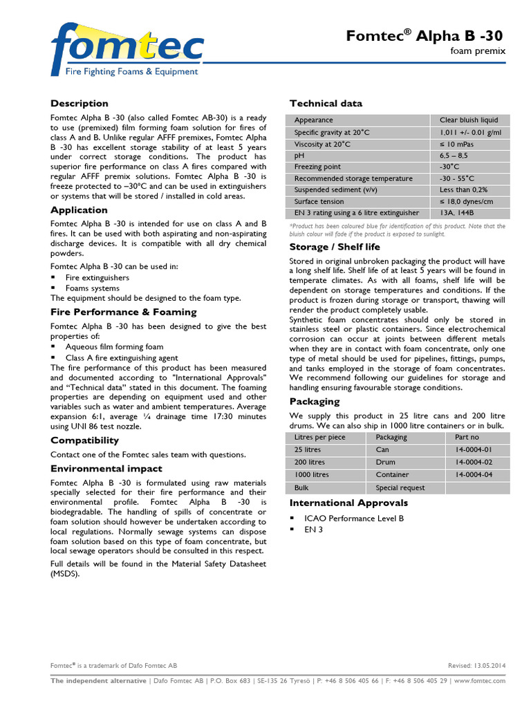 TDS - Fomtec Alpha B -30 | PDF | Materials | Industrial Processes