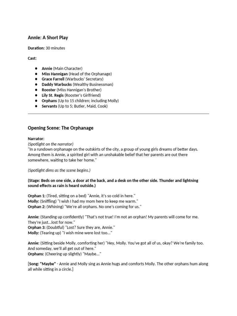 Annie: A Short Play Script | PDF | Annie (Musical) | Musical Theatre Awards