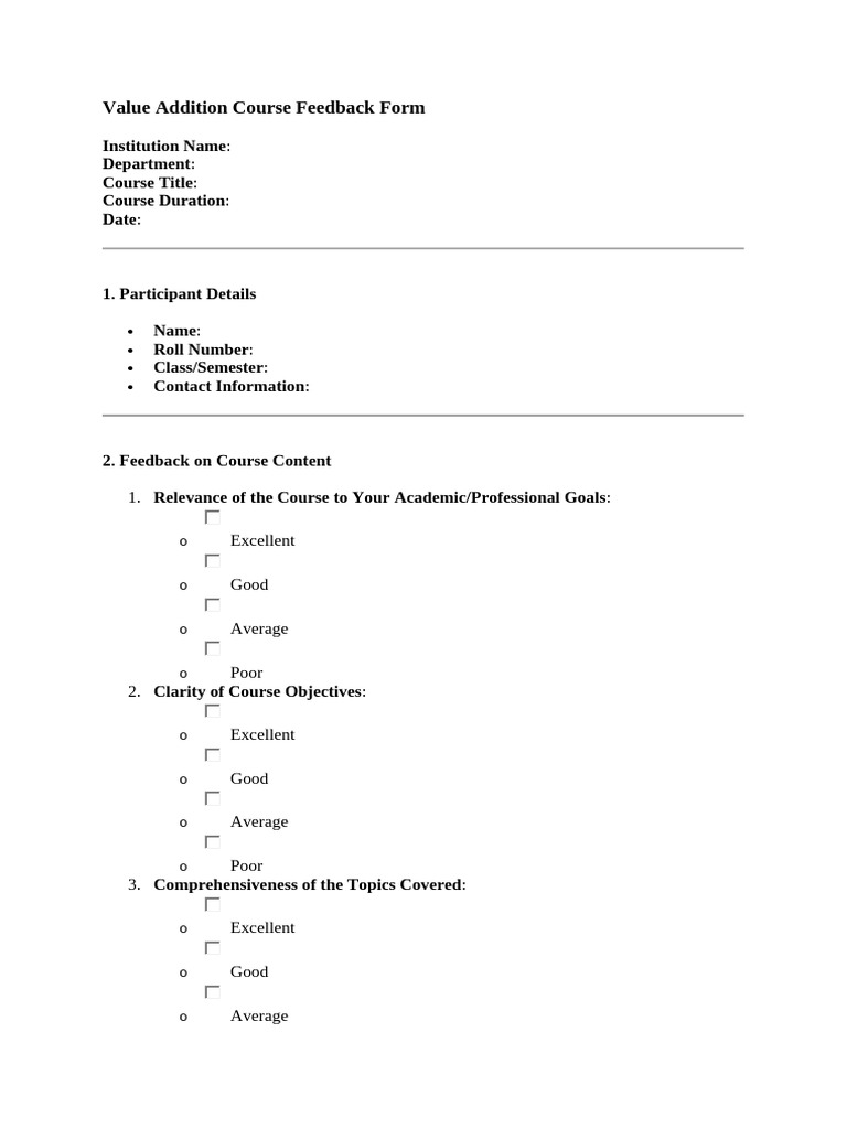 Value Addition Course Feedback Form by Student in Engineering College | PDF | Cognitive Science ...