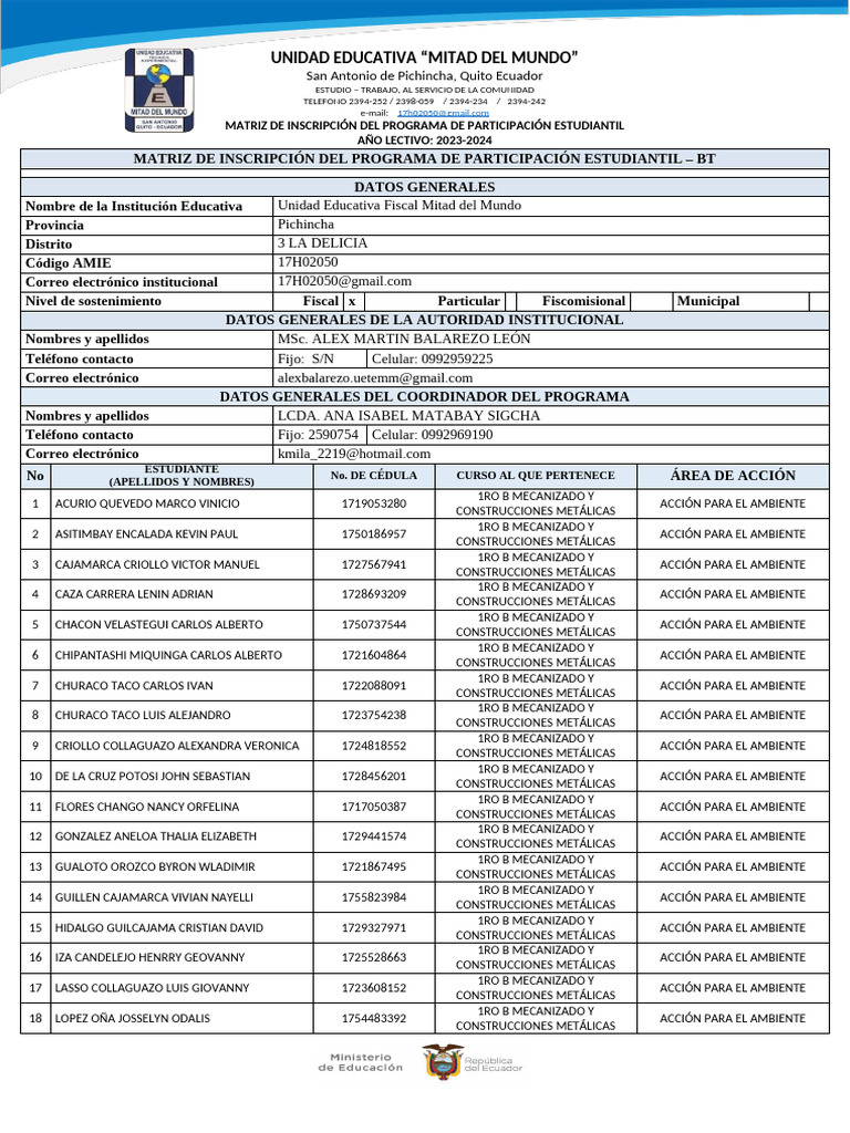 Inscripción Programa Estudiantil 2023-2024 | PDF