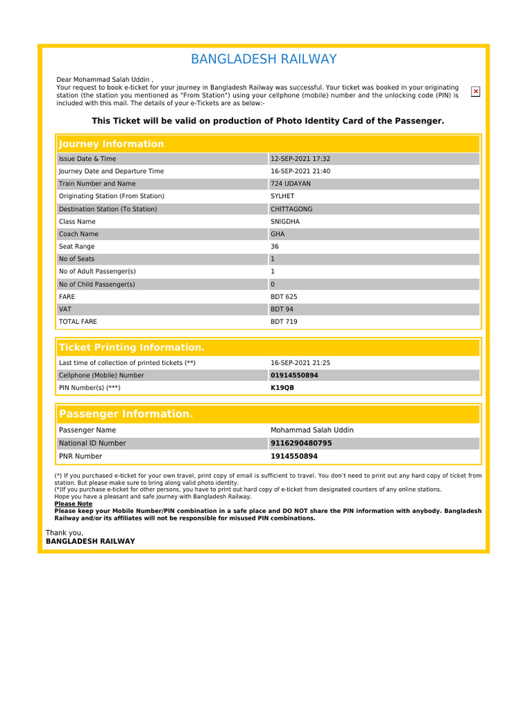 Bangladesh Railway e Ticket | PDF | Ephemera | Public Transport