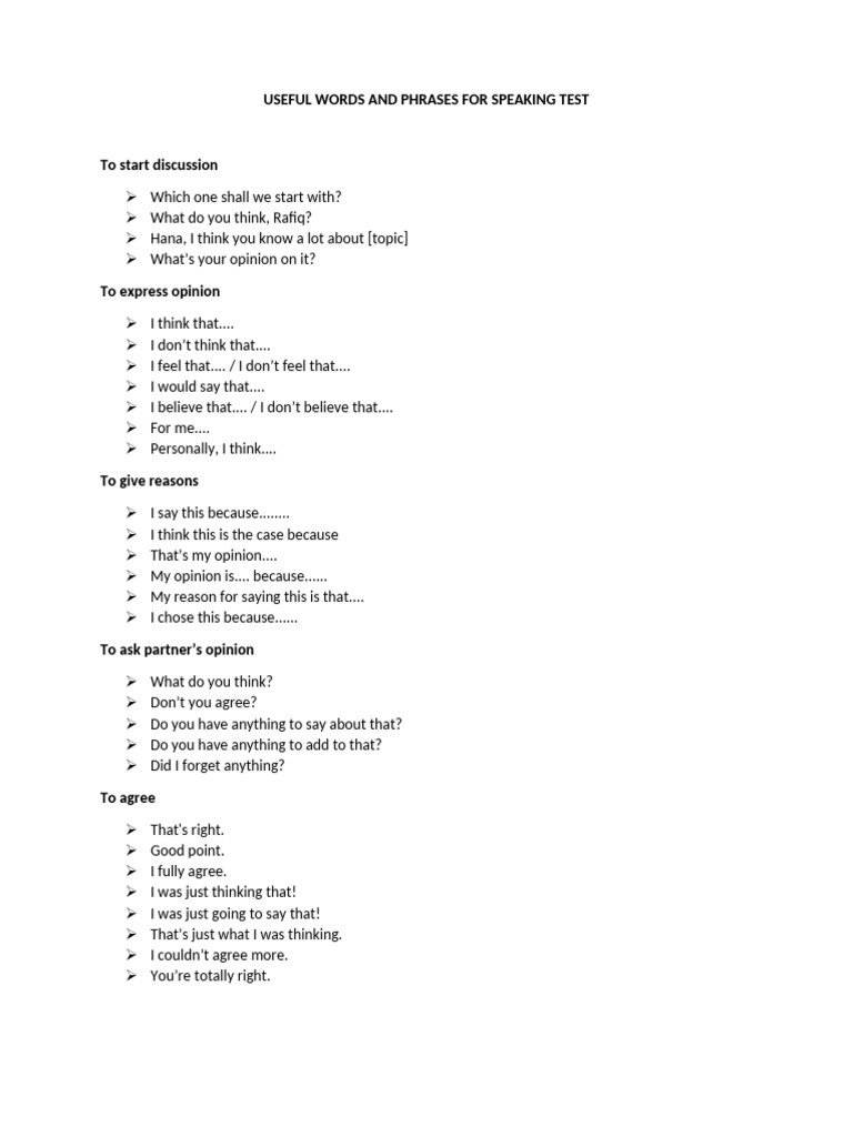USEFUL WORDS AND PHRASES FOR SPEAKING TEST | PDF