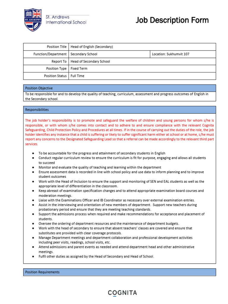 Head of English Job Description | PDF | Curriculum