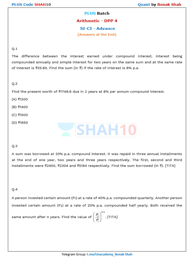 Arithmetic Part 1 - DPP 4 - SICI Advance - Final - 8 June | PDF | Interest | Compound Interest