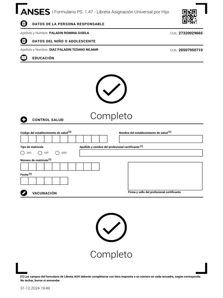 Formulario Libreta AUH: Instrucciones y Datos | PDF