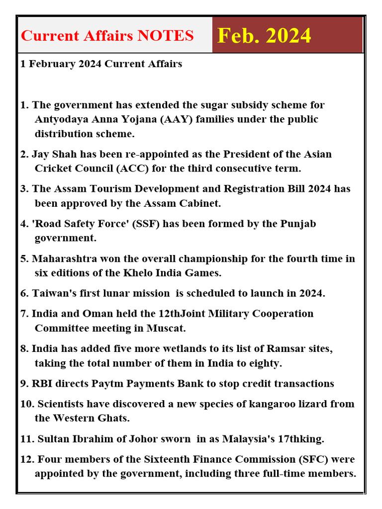 February 2024 Current Affairs NOTES (English) | PDF | Narendra Modi