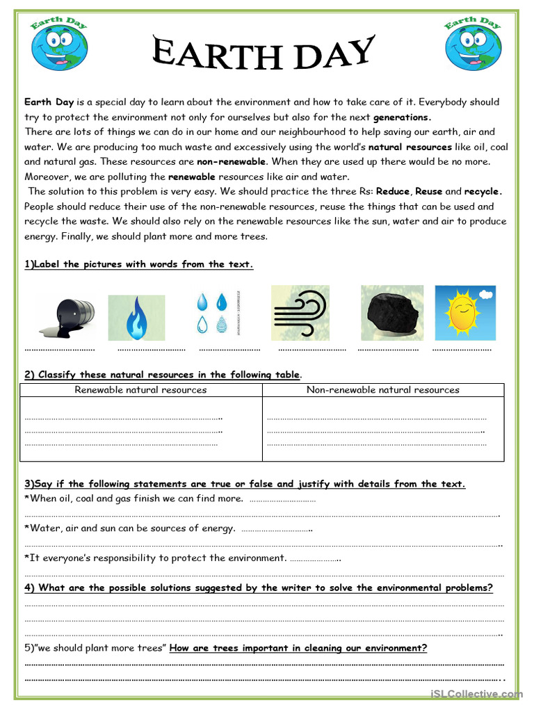 Earth Day (Worksheet) | PDF | Environmental Science | Nature