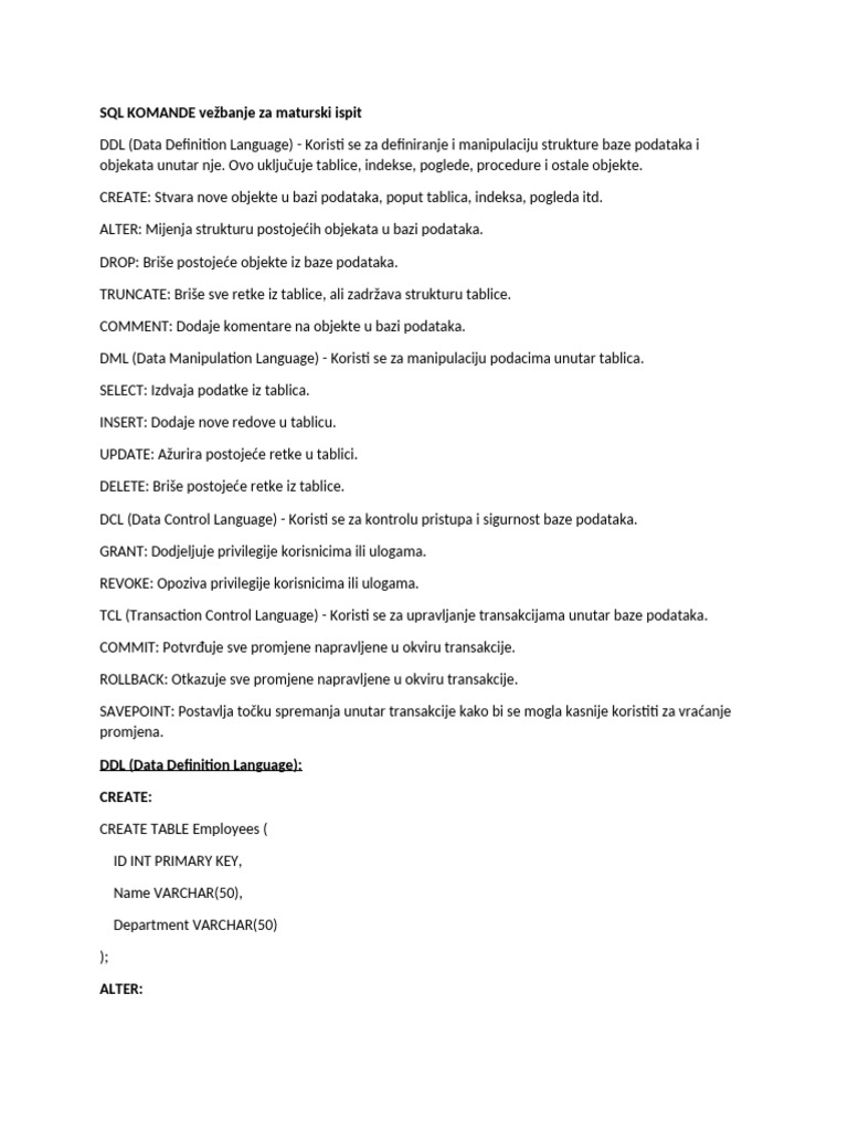 SQL KOMANDE Vežbanje Za Maturski Ispit | PDF