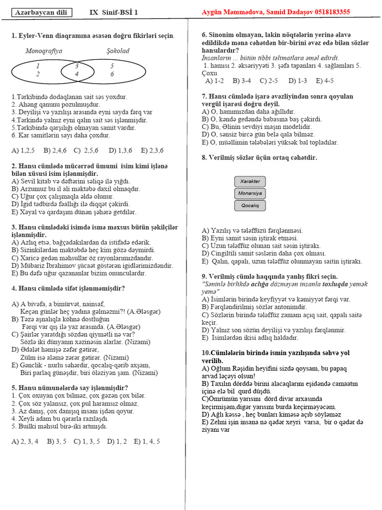 IX - Sinif - BSİ-1 Azərbaycan Dili - Aygün Məmmədova, Dadaşov Samid 0518183355 | PDF