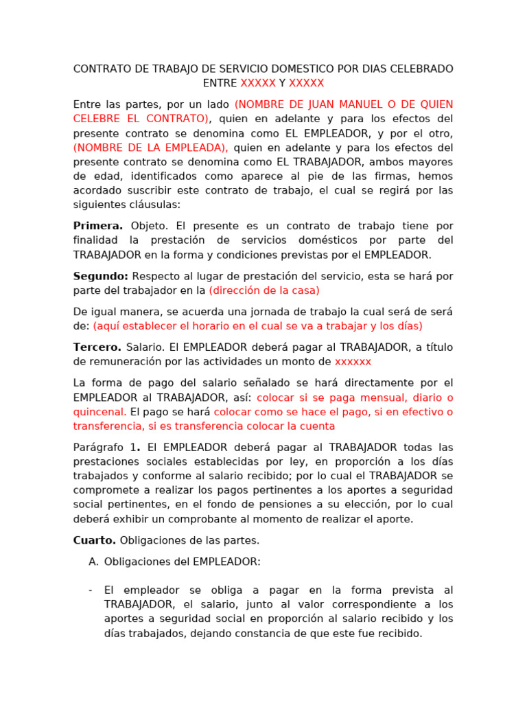 Contrato de trabajo para empleada doméstica - Laboral | PDF | Salario | Trabajadora doméstica