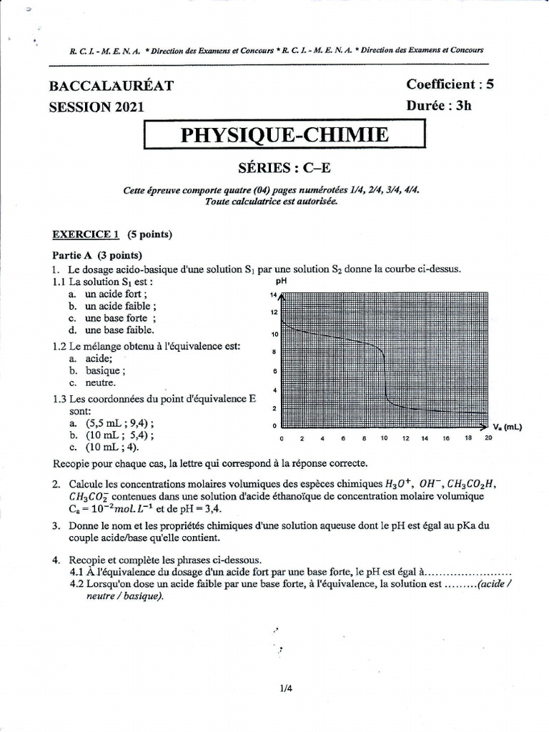 BAC C-E PC_sujet+corrigé 2021 | PDF