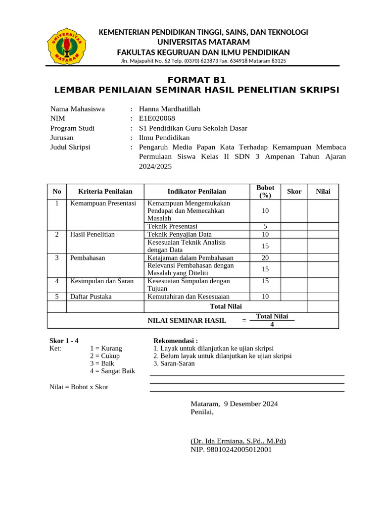 penilaian semhas | PDF