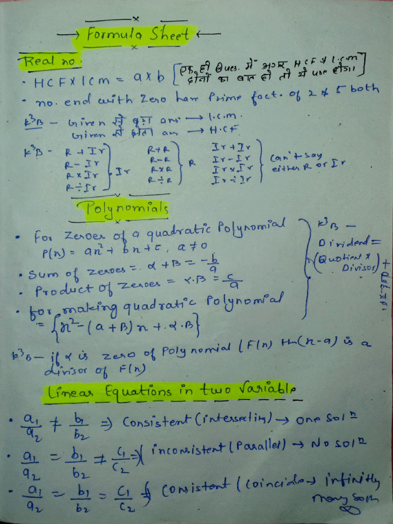 Formula Sheet For Class XTH | PDF