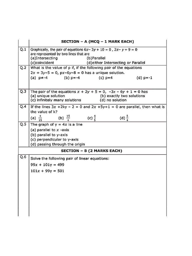 Pair of Linear Equations (Worksheet) | PDF