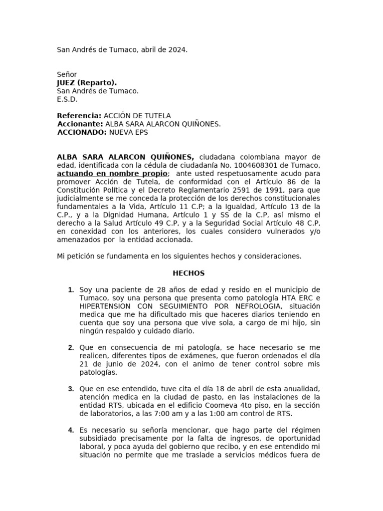 ACCION DE TUTELA - ALBA SARA ALARCON QUIÑONES Vs NUEVA EPS | PDF ...