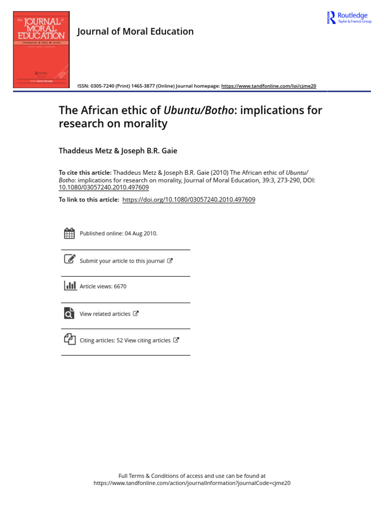 The African Ethic of Ubuntu Botho Implications For Research On Morality ...