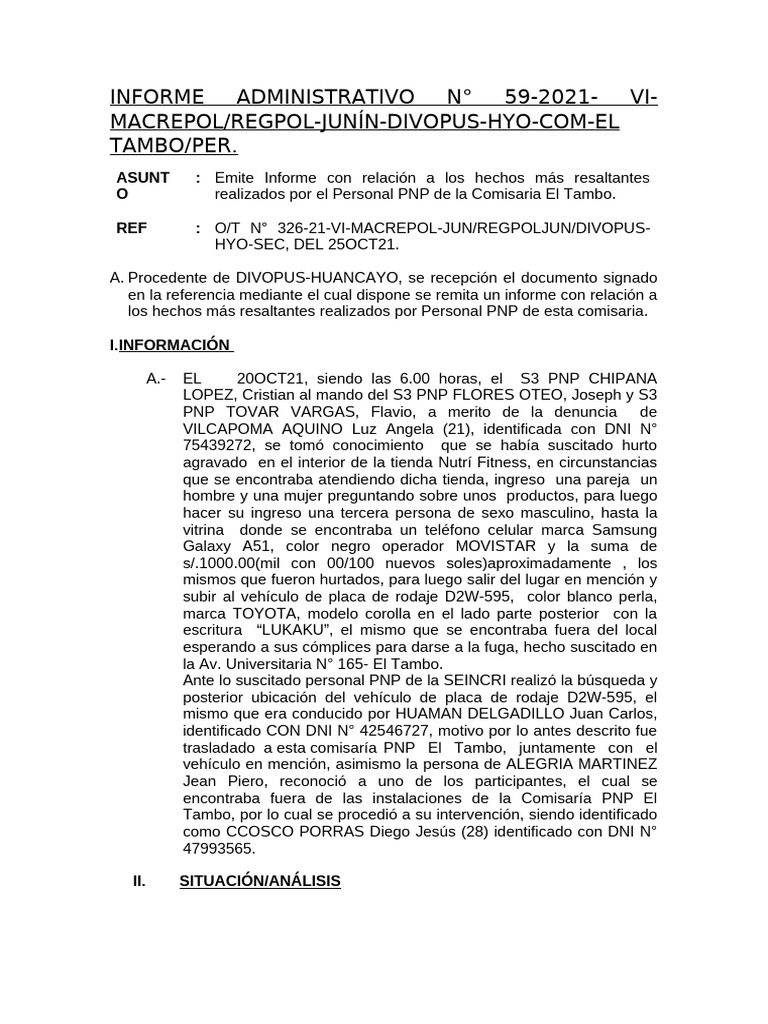 Informe Administrativo s3 PNP Chipana 25oct21 | PDF | Policía | Perú