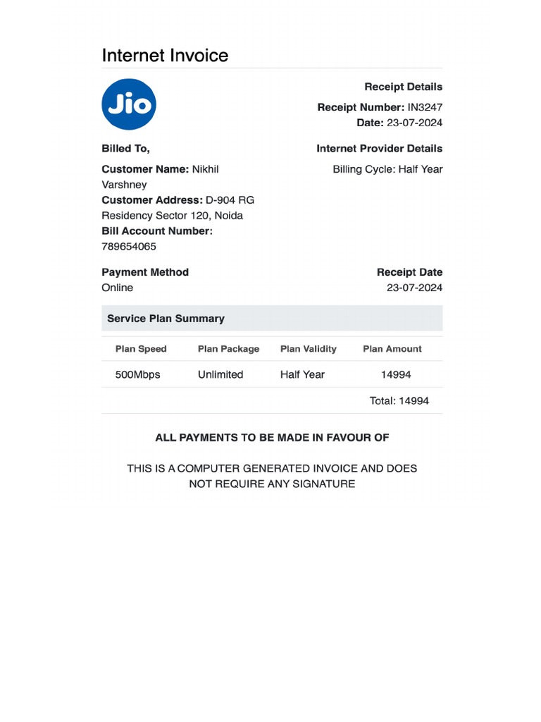 JIO Internet Invoice | PDF