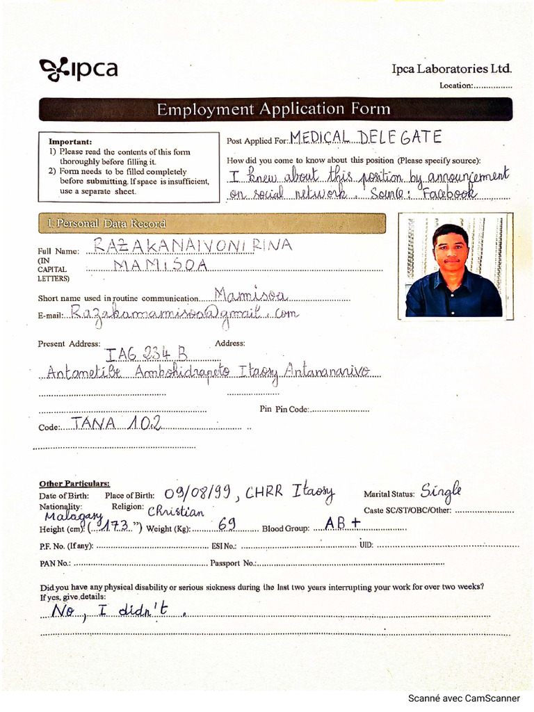 Employment Application Form Mamisoa | PDF