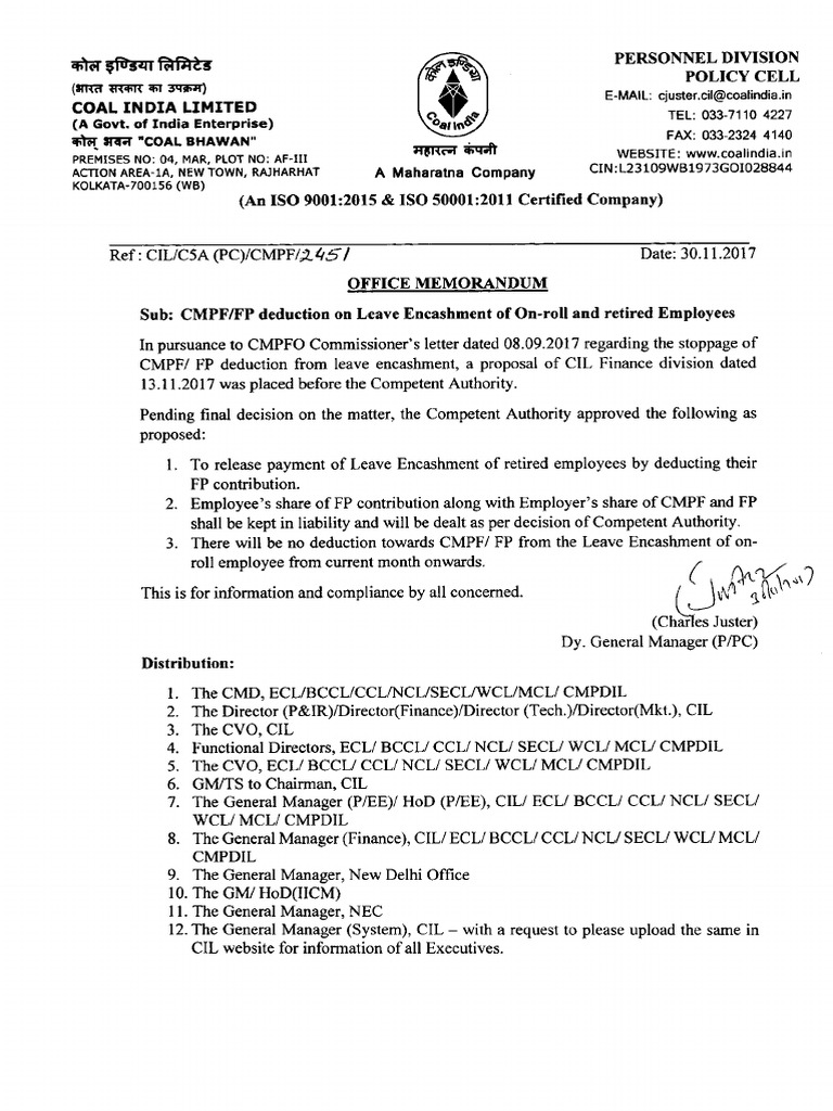CMPF FP Deduction On Leave Encashment of On Roll and Retired Employees L3fNATE | PDF | Coal ...