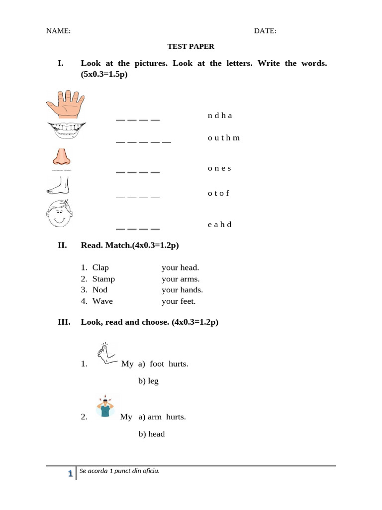 Test Clasa A Iia Limba Engleza Unitatea 3 Corpul Meu | PDF