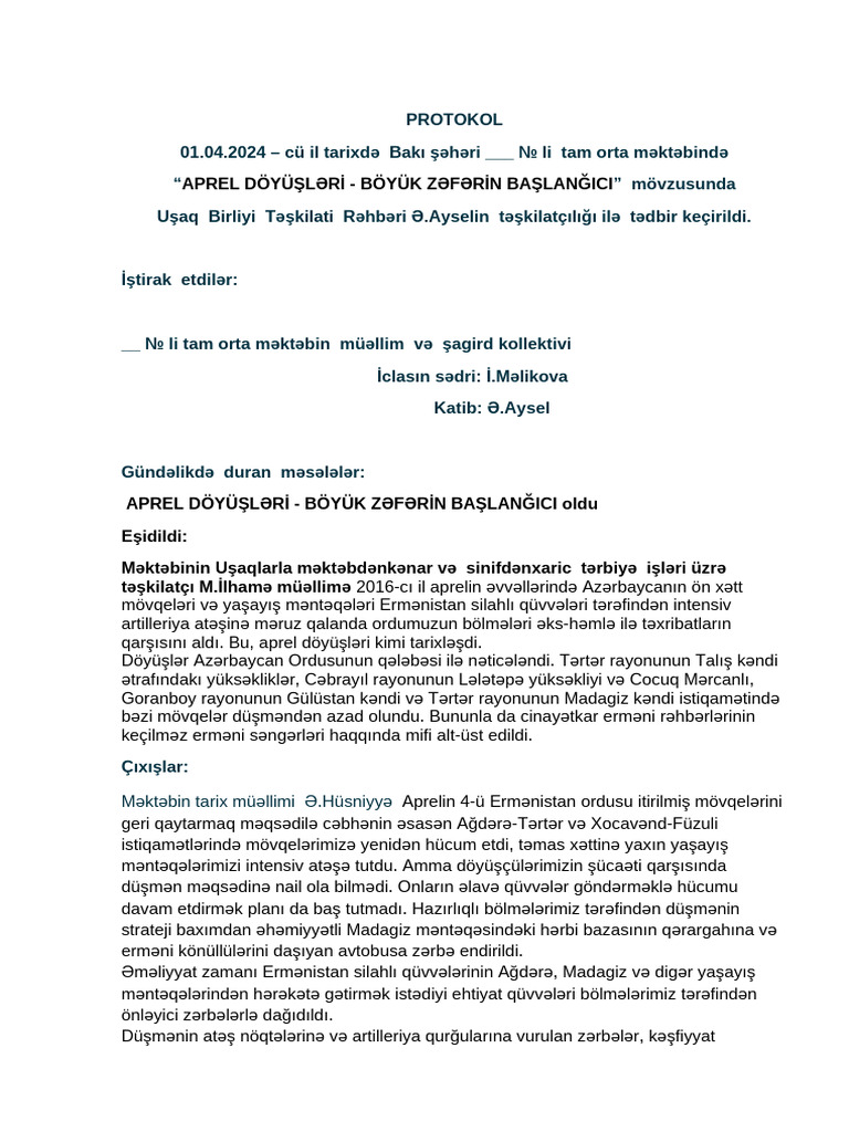 Ə.aysel Protokol - Aprel Döyüşləri̇ | PDF