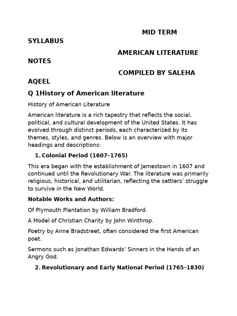 Overview of American Literature History | PDF | American Literature ...