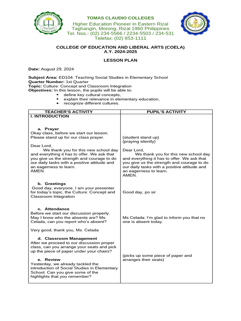 ED 104 Detailed Lesson Plan | PDF | Socialization | Teachers
