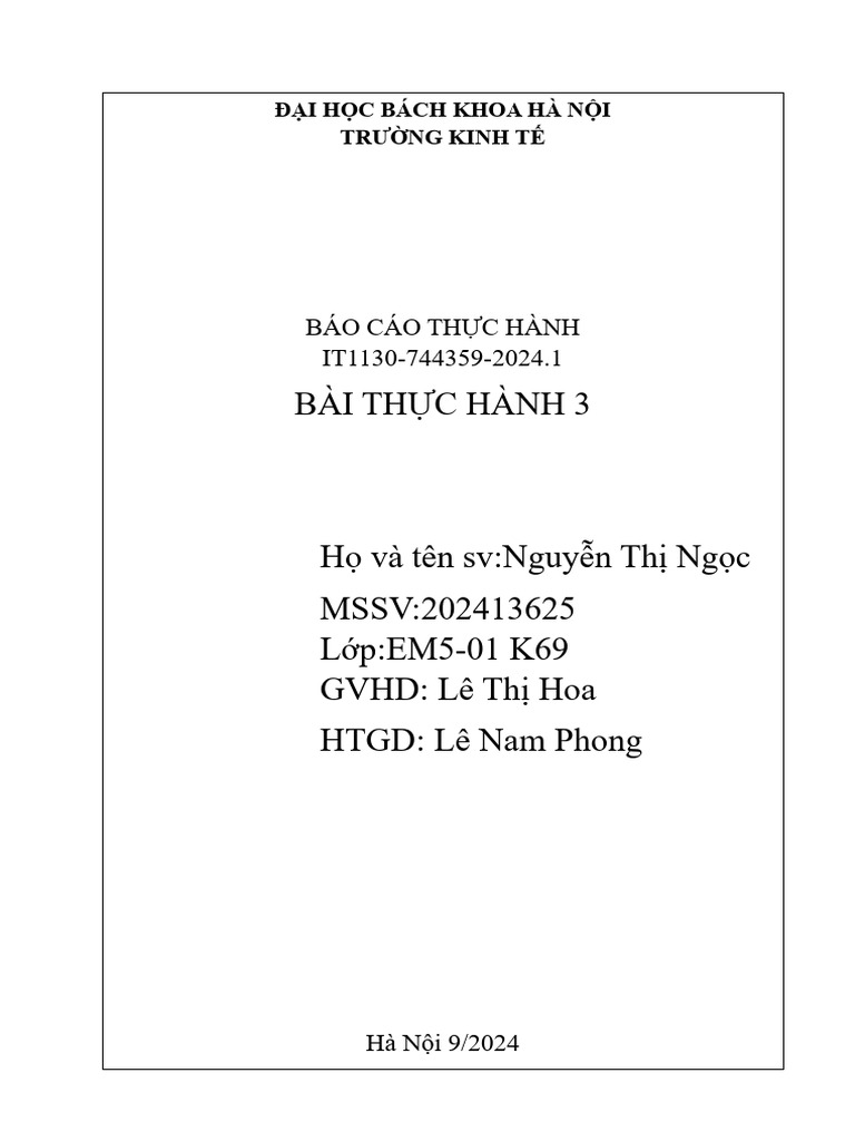 Báo cáo tổng hợp - Nguyễn Thị Ngọc - 202420241 - 202412 - BTH3 - Tuần 4 | PDF